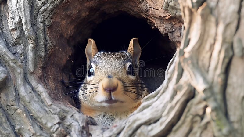 Portrait of a Squirrel Peeking Out of a Hole in a Tree Stock ...