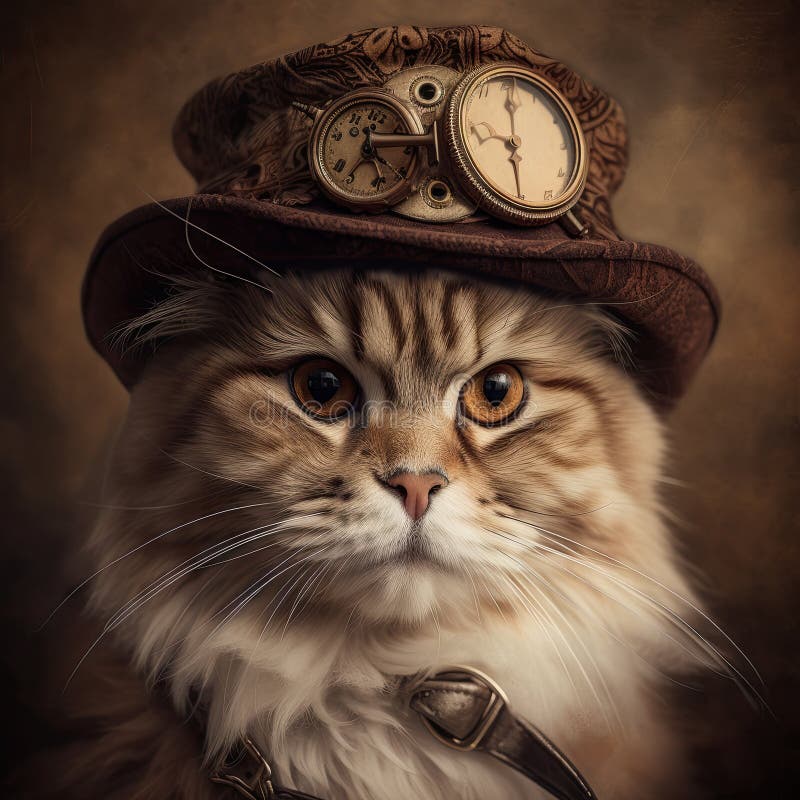 A Portrait of a Steampunk Style Fluffy Cat in a Hat. Created with ...