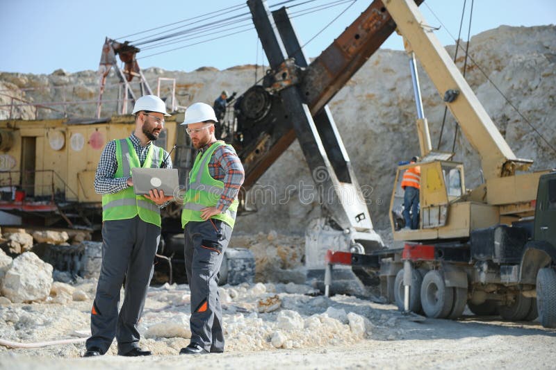Portrait of Stone Quarry Workers Standing on the Background of an ...