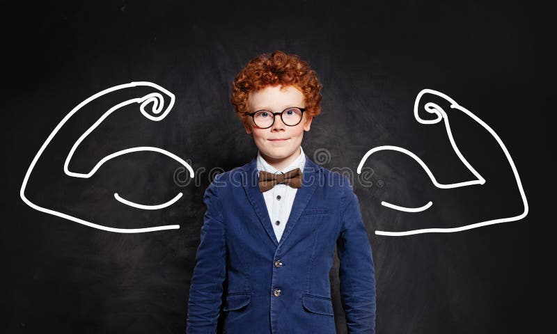 Portrait of Strong Kid with Big Muscle Biceps on Blackboard Stock Image ...