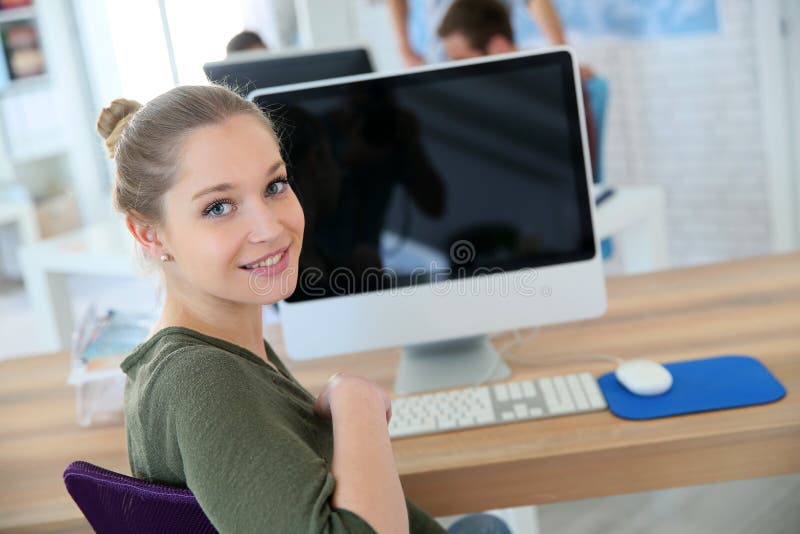 Portrait of a Student Girl in Front of the Computer Stock Image - Image ...