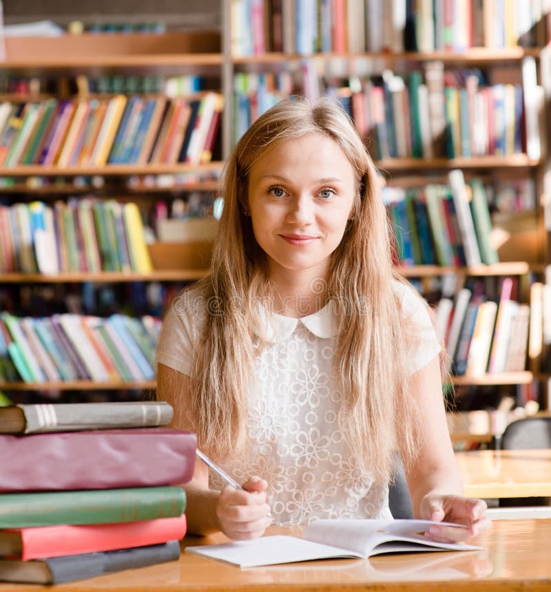 Portrait of a Student Girl Studying at Library Stock Photo - Image of ...