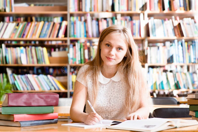 Portrait of a Student Girl Studying at Library Stock Image - Image of ...