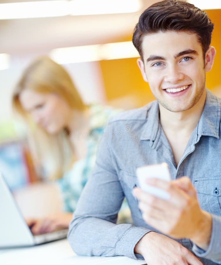 Portrait, Student and Man with Smartphone, University and Typing with ...