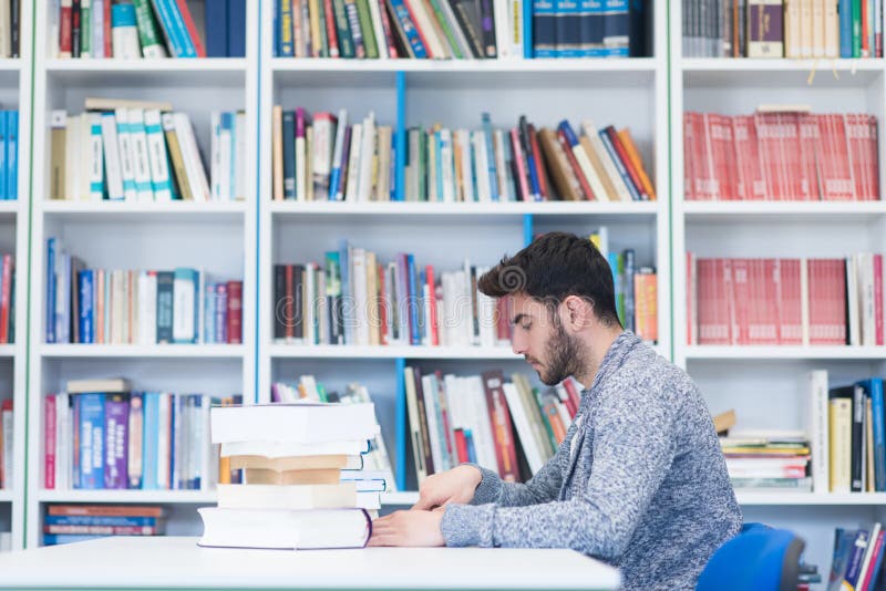 Portrait of Student while Reading Book in School Library Stock Photo ...