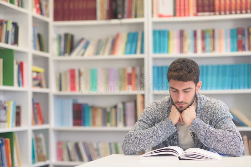 Portrait of Student while Reading Book in School Library Stock Image ...