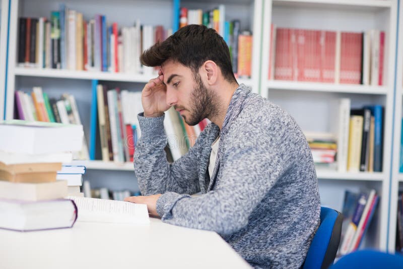 Portrait of Student while Reading Book in School Library Stock Photo ...