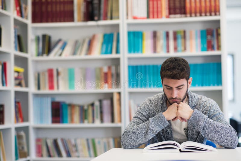 Portrait of Student while Reading Book in School Library Stock Image ...