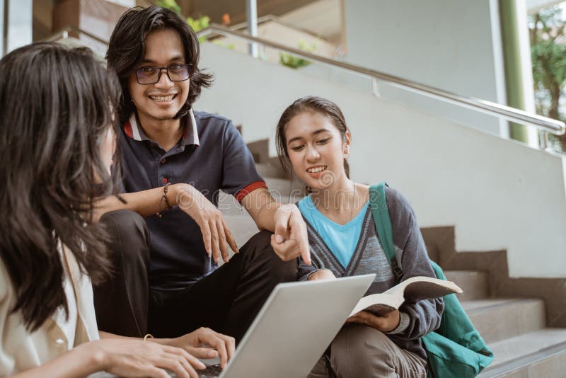 Portrait Students Sit Down Working in Groups Stock Photo - Image of ...