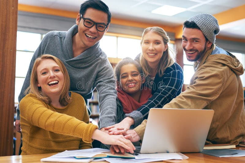 Portrait, Study Group and Students in Library with Hands Together for ...