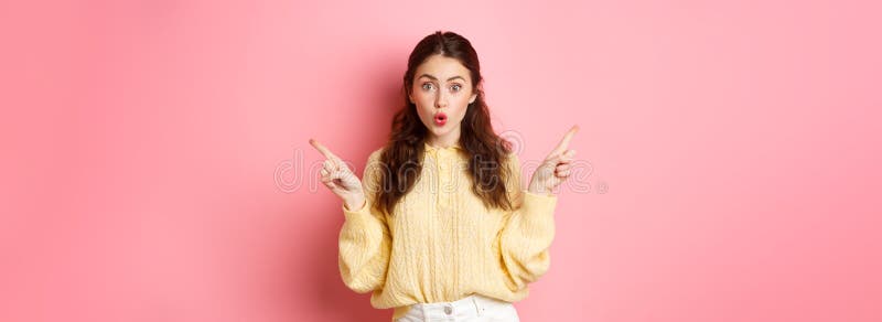 Portrait Of Surprised Brunette Girl Gasping Saying Wow With Impressed