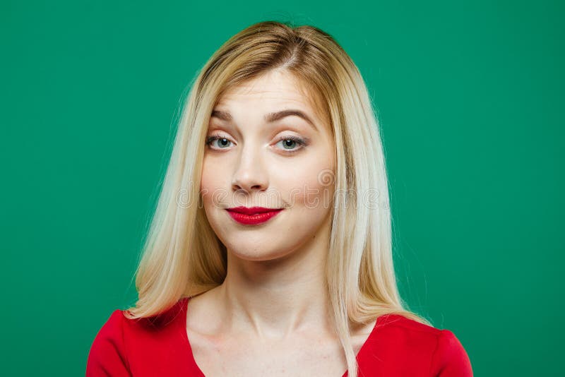 Portrait of Surprised Girl with Red Sensual Lips in Studio on Green ...