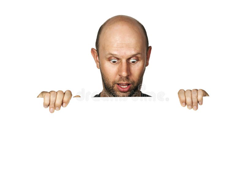 Happy Funny Man Peeking Over a Wall or White Sign. Stock Photo - Image ...