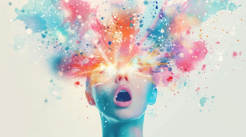 Portrait of a Surprised Woman with an Explosive Burst of Colorful Paint ...