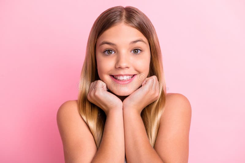 Portrait Of Sweet Optimistic Blond Girl Hands Cheeks Isolated On Pastel