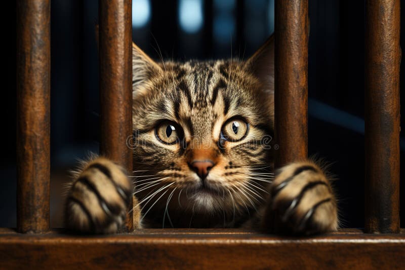 Portrait of a Tabby Cat of a Criminal in Prison Behind Bars Stock ...