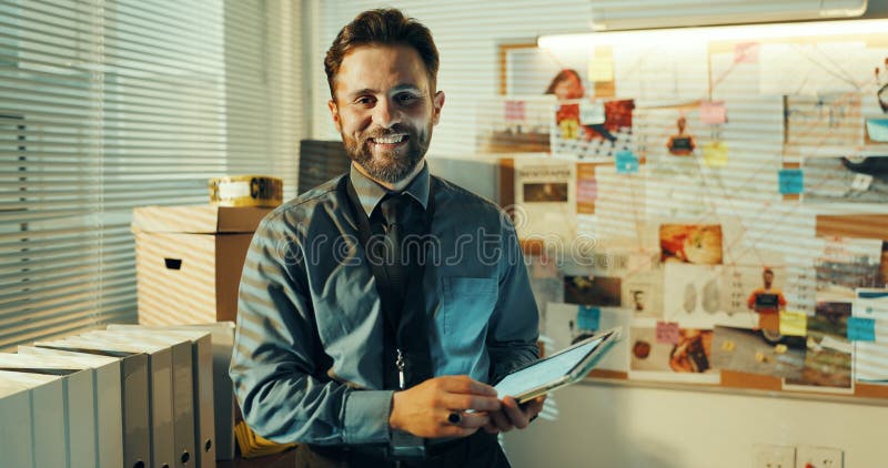 Portrait, Tablet and Detective in Office with Smile for Research on Case with Problem Solving ...