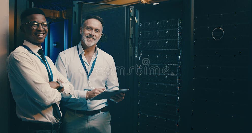 Portrait, Tablet and Men in Server Room, Cyber Security and Teamwork with Engineering. it ...