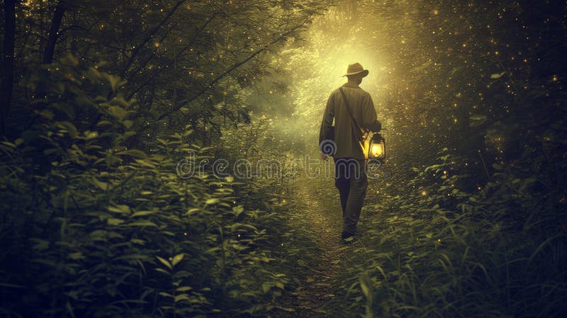 Man Walking with Lantern in Enchanted Forest Stock Image - Image of ...