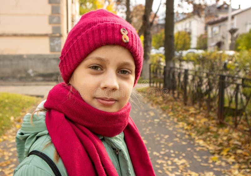 Girl On Street In Autumn In Hat And Scarf Stock Image Image Of