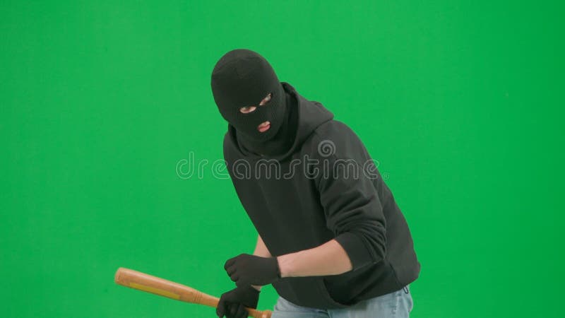 Portrait Of Thief On Chroma Key Green Screen Background Man Robber In