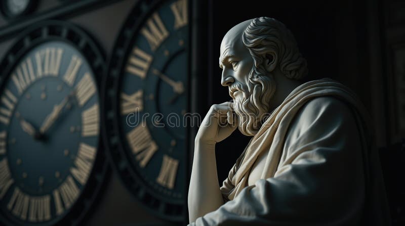 Portrait of a Thinker Statue with Clocks in the Background Stock ...