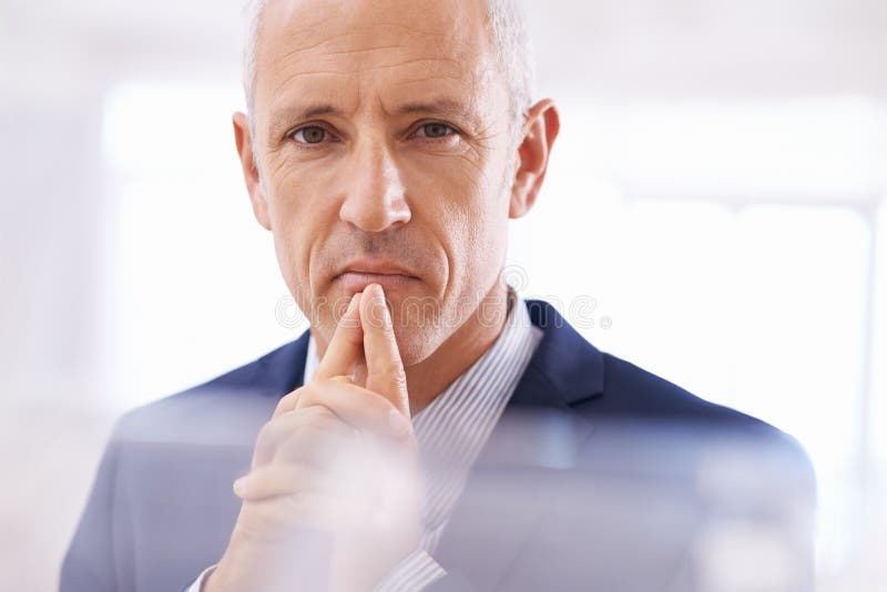 Portrait, Thinking and Senior Businessman in Office with Idea, Planning ...