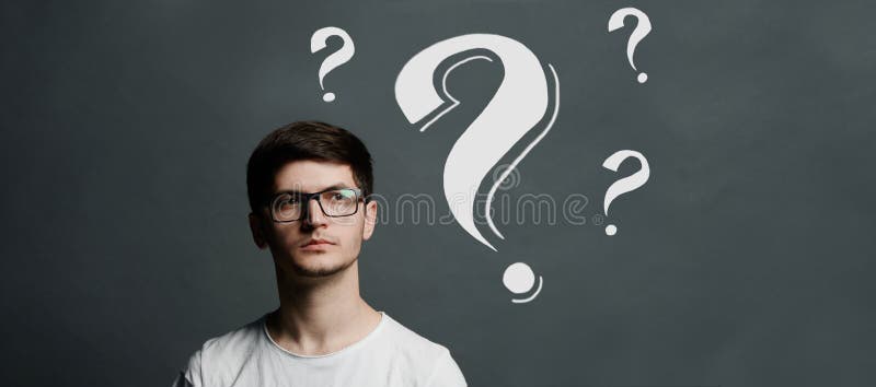 Portrait of Thinkng Young Guy with Question Mark Above His Head. Stock ...