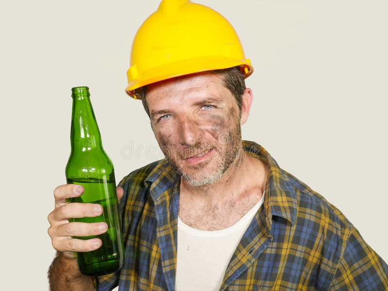 Portrait of Thirsty and Tired Constructor Worker or Builder Man in ...