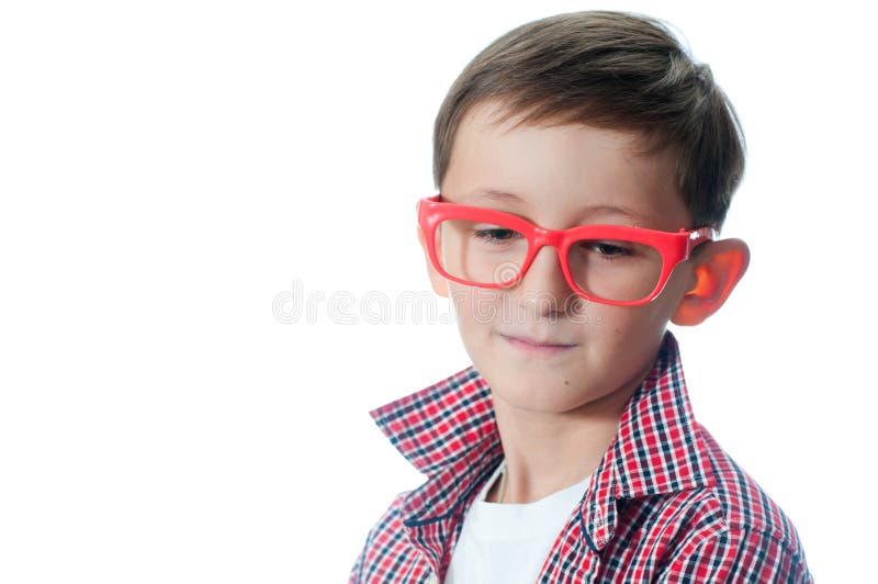Portrait of a Young Happy Boy in Red Spectacles . Stock Image - Image ...