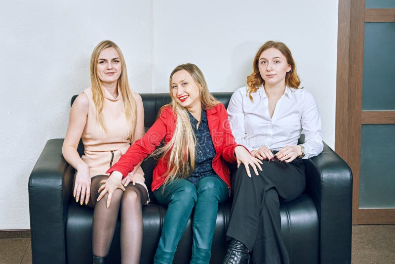 Portrait of Three Happy Happy Girls in Office Stock Photo - Image of ...