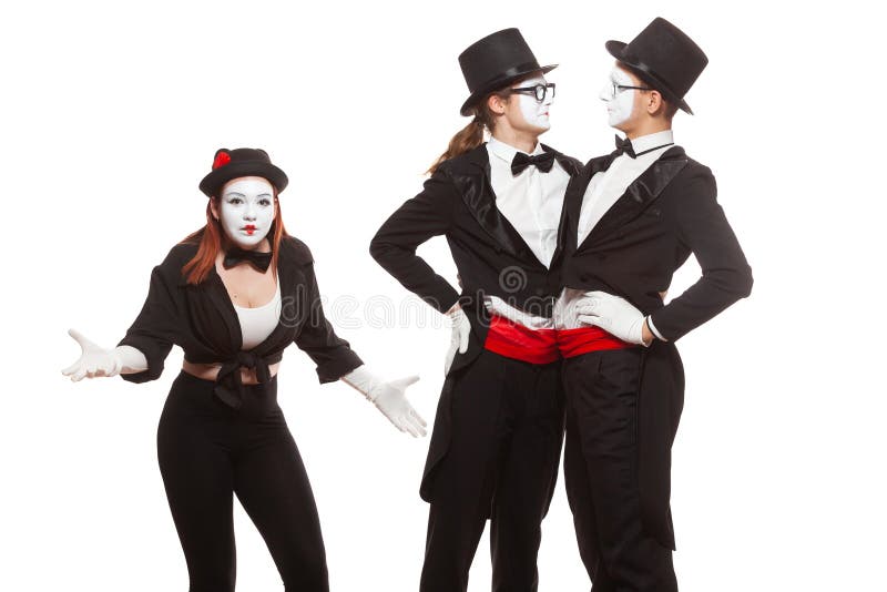 Portrait of Three Mime Artists Performing, Isolated on White Background ...
