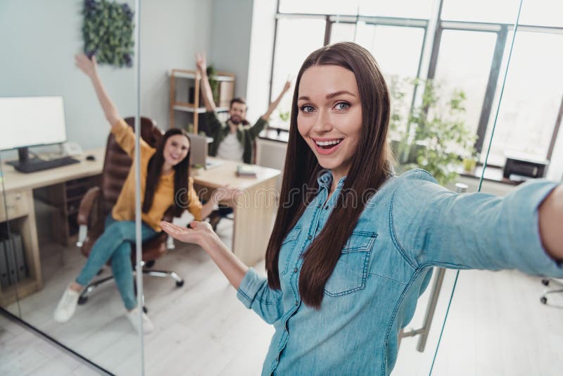 Portrait of Three Positive Friendly Employees Make Selfie Hands Wave ...