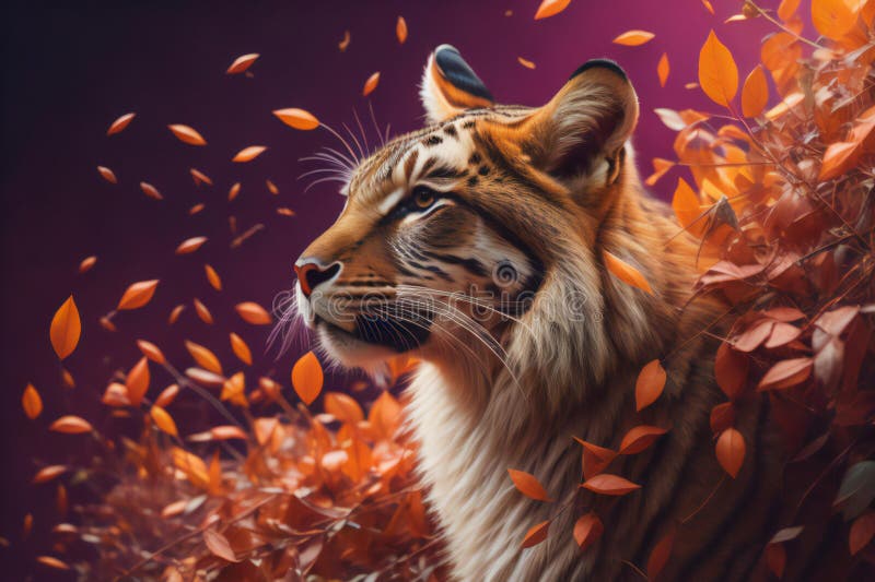 Portrait of a Tiger in the Autumn Forest with Red Leaves. Generative Ai ...