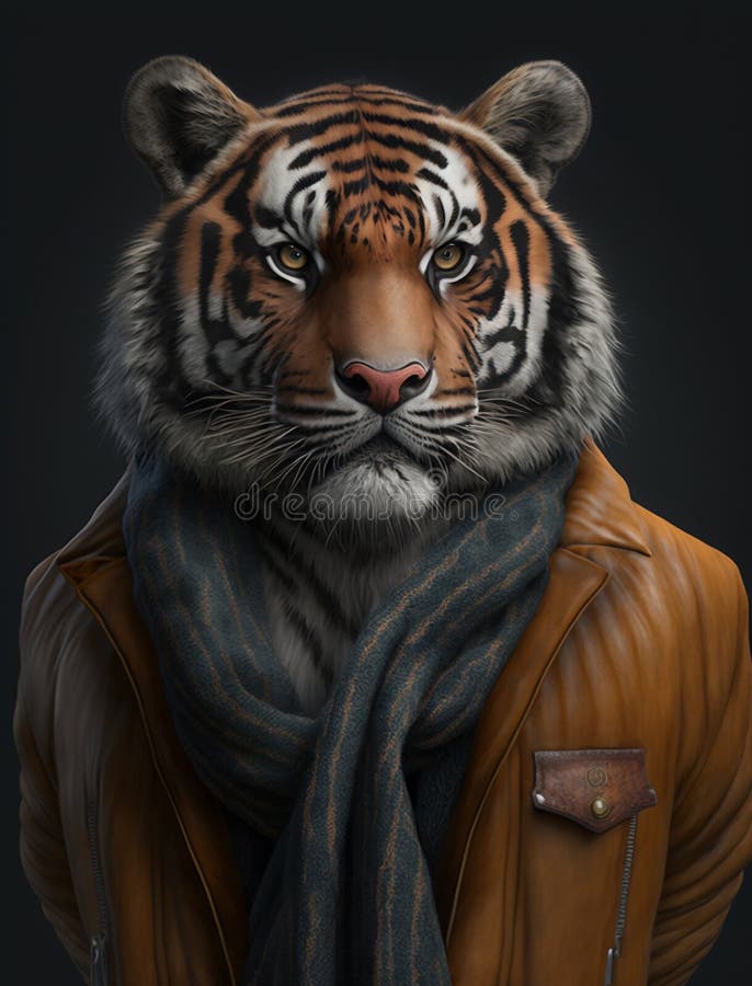 Portrait of Tiger in Leather Jacket. Front View Stock Illustration ...
