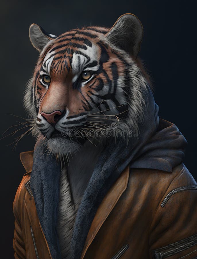 Portrait of Tiger in Leather Jacket. Side View Stock Illustration ...
