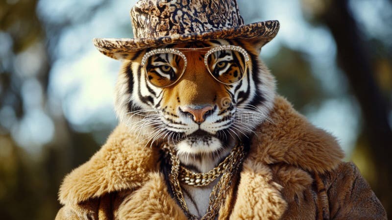 Portrait of a Tiger in a Leopard Print Hat and Fur Coat Stock ...