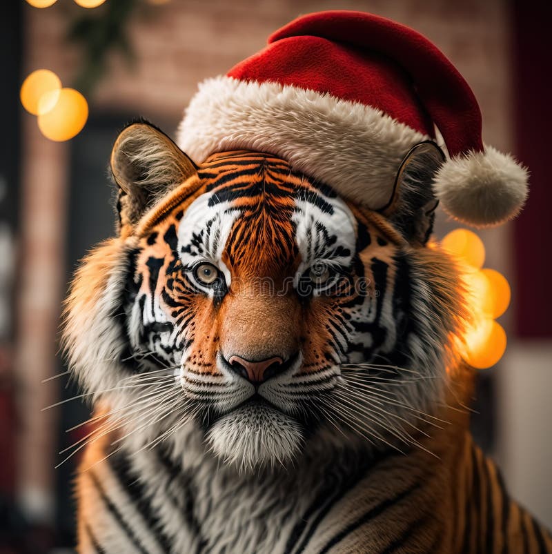 Portrait of a Tiger with Santa Hat Stock Image - Image of cute ...