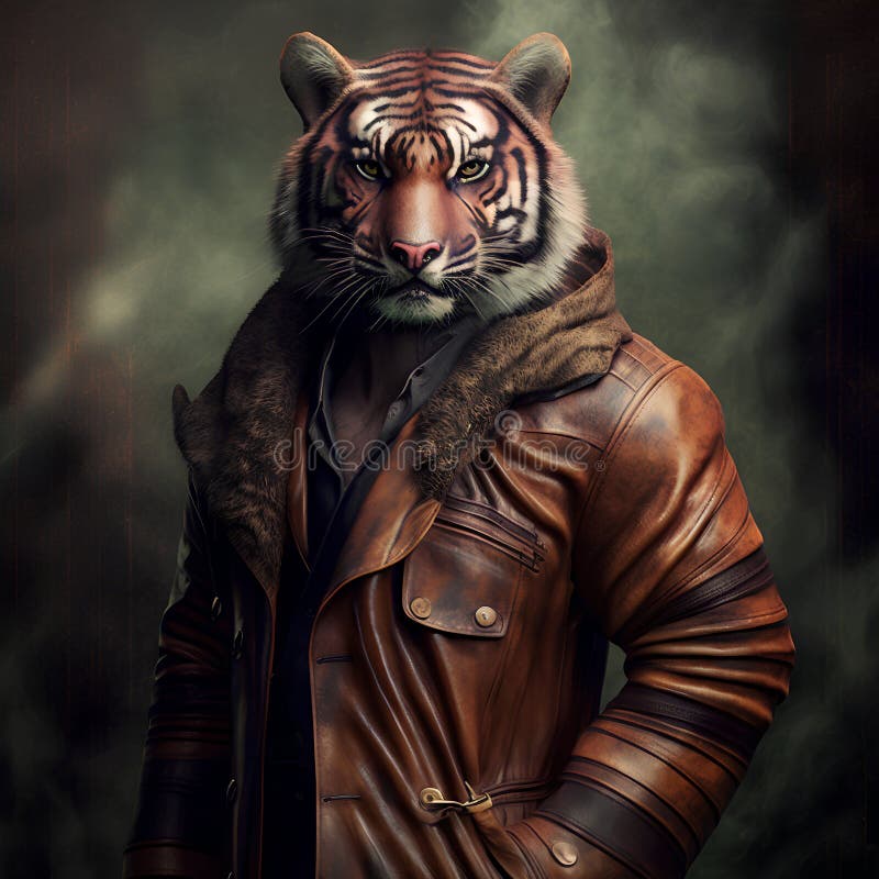 Portrait of a Tiger Wearing a Leather Jacket and a Scarf. Stock Photo - Image of wildlife ...