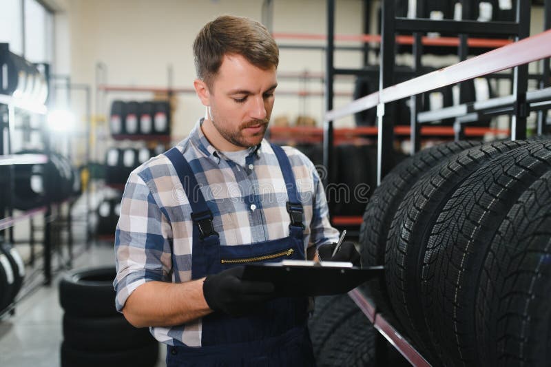 Portrait of a Tire Fitting Worker. a Large Warehouse or Store of ...