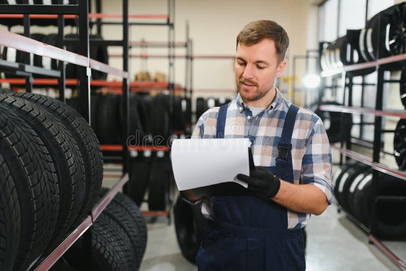 Portrait of a Tire Fitting Worker. a Large Warehouse or Store of ...