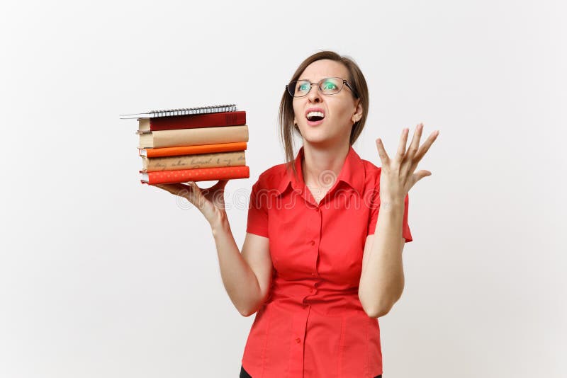 Portrait Of Tired Frustrated Upset Business Teacher Woman In Red Shirt
