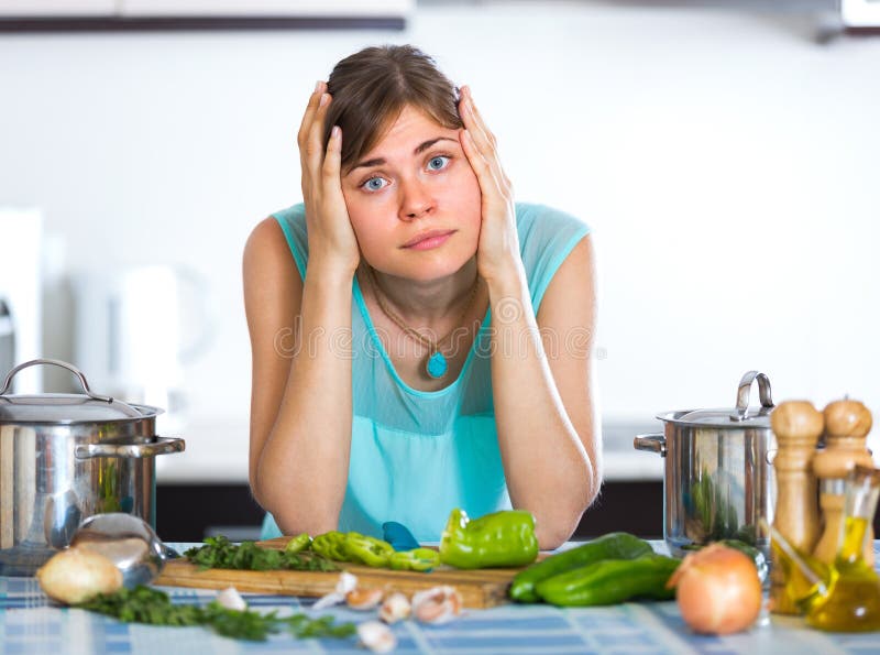 Portrait of Tired Woman at Kitchen Stock Photo - Image of domestic ...