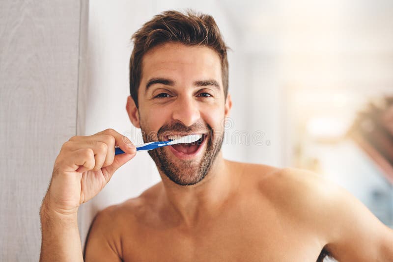Portrait Toothbrush And Happy Man Brushing Teeth In Morning For Dental