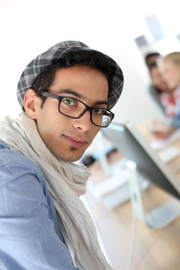 Portrait of Trendy Student in Class Stock Image - Image of eyewear ...
