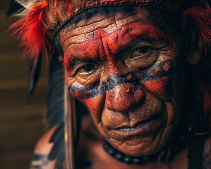 Portrait of a Tribes Man with Wrinkles and Facepaint in Red and Black ...