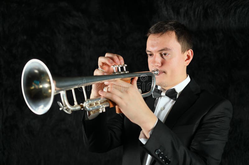 Portrait of Trumpet Player on a Black Fur Stock Photo - Image of ...