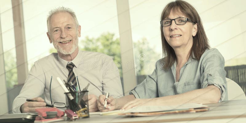 Portrait of Two Business People Working Together, Geometric Pattern ...