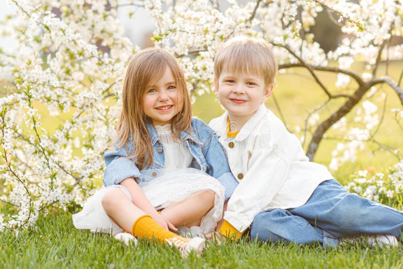 Portrait of Two Children in the Spring Stock Image - Image of child ...