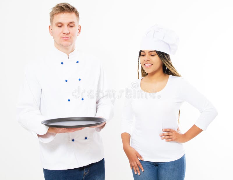Portrait of Two Cooks, they Looking at the Empty Tray Isolated Over ...